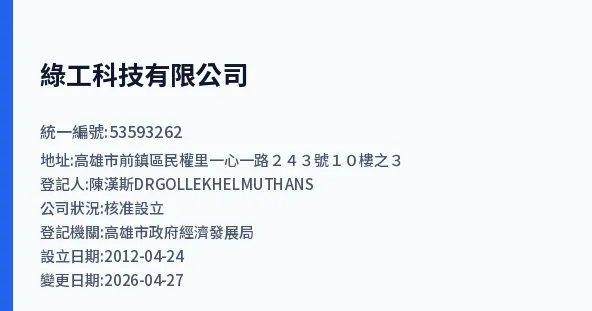 綠工科技有限公司的照片-統編 53593262(高雄市) 公司登記資料與營業項目詳細圖表