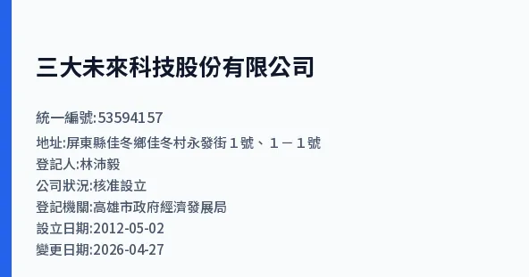 三大未來科技股份有限公司的照片-統編 53594157(屏東縣) 公司登記資料與營業項目詳細圖表