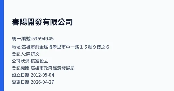 春陽開發有限公司的照片-統編 53594945(高雄市) 公司登記資料與營業項目詳細圖表