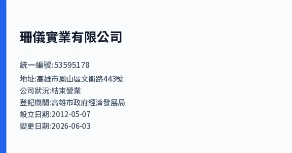 珊儀實業有限公司的照片-統編 53595178(高雄市) 公司登記資料與營業項目詳細圖表