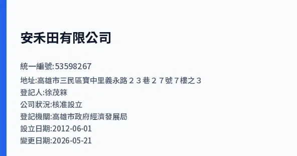 安禾田有限公司的照片-統編 53598267(高雄市) 公司登記資料與營業項目詳細圖表