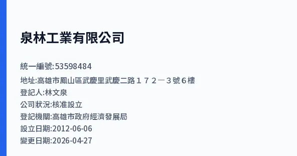 泉林工業有限公司的照片-統編 53598484(高雄市) 公司登記資料與營業項目詳細圖表