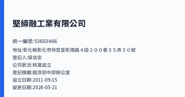 堅締融工業有限公司的照片-統編 53603466(彰化縣) 公司登記資料與營業項目詳細圖表