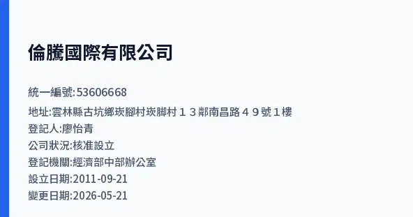 倫騰國際有限公司的照片-統編 53606668(雲林縣) 公司登記資料與營業項目詳細圖表