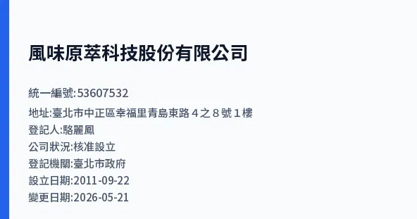 風味原萃科技股份有限公司的照片-統編 53607532(臺北市) 公司登記資料與營業項目詳細圖表
