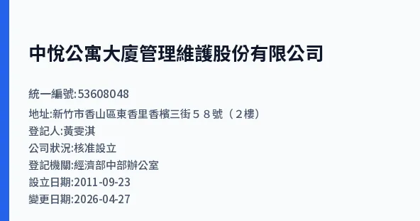 中悅公寓大廈管理維護股份有限公司的照片-統編 53608048(新竹市) 公司登記資料與營業項目詳細圖表
