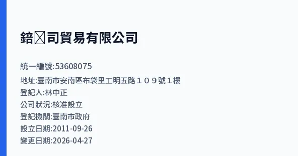 錇冦司貿易有限公司的照片-統編 53608075(臺南市) 公司登記資料與營業項目詳細圖表