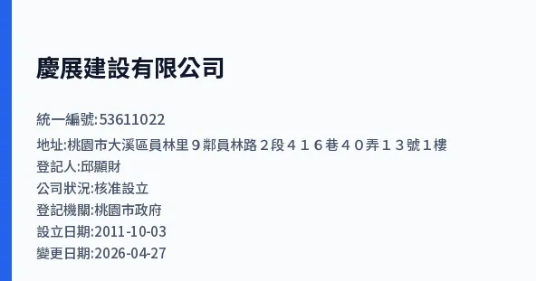 慶展建設有限公司的照片-統編 53611022(桃園市) 公司登記資料與營業項目詳細圖表