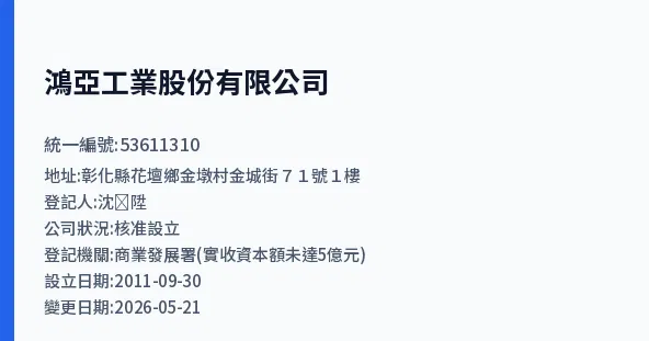 鴻亞工業股份有限公司的照片-統編 53611310(彰化縣) 公司登記資料與營業項目詳細圖表