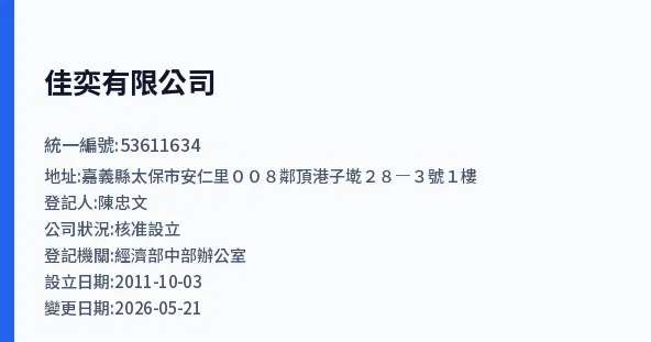 佳奕有限公司的照片-統編 53611634(嘉義縣) 公司登記資料與營業項目詳細圖表