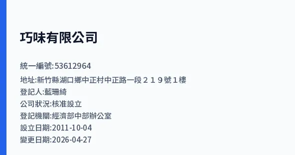 巧味有限公司的照片-統編 53612964(新竹縣) 公司登記資料與營業項目詳細圖表