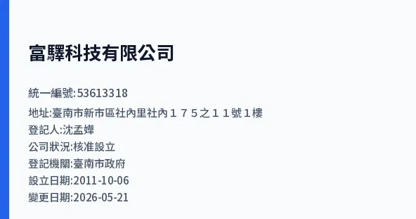 富驛科技有限公司的照片-統編 53613318(臺南市) 公司登記資料與營業項目詳細圖表