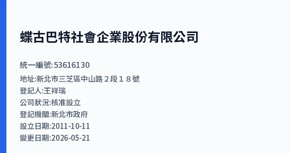 蝶古巴特社會企業股份有限公司的照片-統編 53616130(新北市) 公司登記資料與營業項目詳細圖表