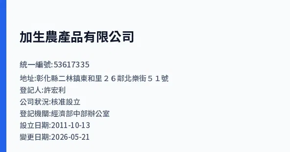 加生農產品有限公司的照片-統編 53617335(彰化縣) 公司登記資料與營業項目詳細圖表