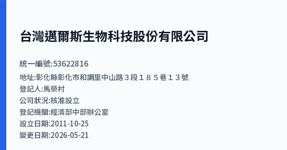 台灣邁爾斯生物科技股份有限公司的照片-統編 53622816(彰化縣) 公司登記資料與營業項目詳細圖表