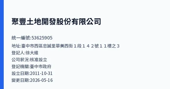 聚豐土地開發股份有限公司的照片-統編 53625905(臺中市) 公司登記資料與營業項目詳細圖表