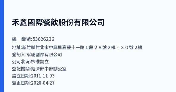 禾鑫國際餐飲股份有限公司的照片-統編 53626236(新竹縣) 公司登記資料與營業項目詳細圖表