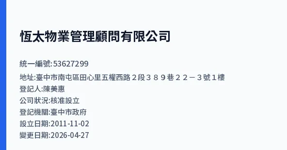 恆太物業管理顧問有限公司的照片-統編 53627299(臺中市) 公司登記資料與營業項目詳細圖表