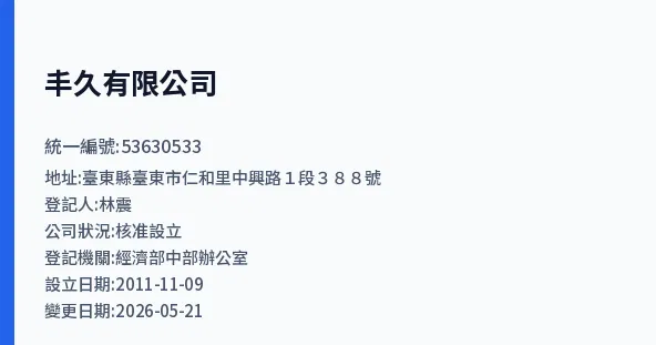丰久有限公司的照片-統編 53630533(臺東縣) 公司登記資料與營業項目詳細圖表