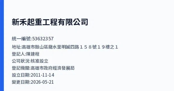 新禾起重工程有限公司的照片-統編 53632357(高雄市) 公司登記資料與營業項目詳細圖表
