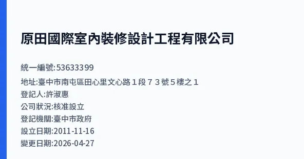 原田國際室內裝修設計工程有限公司的照片-統編 53633399(臺中市) 公司登記資料與營業項目詳細圖表