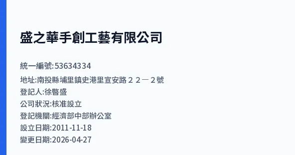 盛之華手創工藝有限公司的照片-統編 53634334(南投縣) 公司登記資料與營業項目詳細圖表