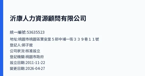 沂康人力資源顧問有限公司的照片-統編 53635523(桃園市) 公司登記資料與營業項目詳細圖表