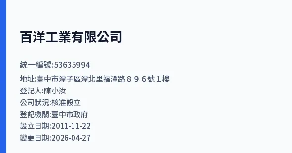 百洋工業有限公司的照片-統編 53635994(臺中市) 公司登記資料與營業項目詳細圖表