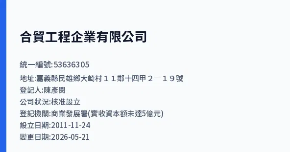 合貿工程企業有限公司的照片-統編 53636305(嘉義縣) 公司登記資料與營業項目詳細圖表