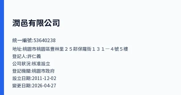 潤邑有限公司的照片-統編 53640238(桃園市) 公司登記資料與營業項目詳細圖表