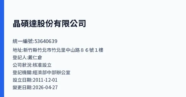晶碩達股份有限公司的照片-統編 53640639(新竹縣) 公司登記資料與營業項目詳細圖表