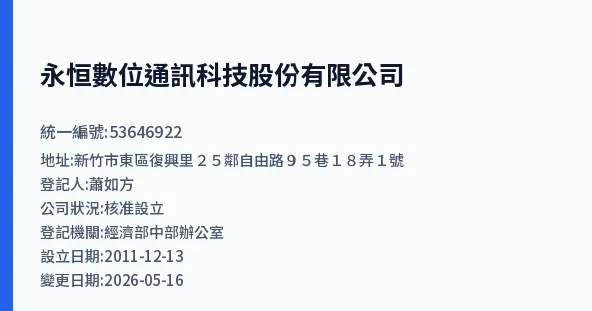 永恒數位通訊科技股份有限公司的照片-統編 53646922(新竹市) 公司登記資料與營業項目詳細圖表