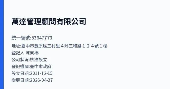 萬達管理顧問有限公司的照片-統編 53647773(臺中市) 公司登記資料與營業項目詳細圖表