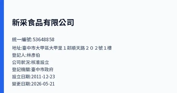 新采食品有限公司的照片-統編 53648858(臺中市) 公司登記資料與營業項目詳細圖表