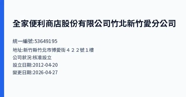 全家便利商店股份有限公司竹北新竹愛分公司的照片-統編 53649195(新竹縣) 公司登記資料與營業項目詳細圖表