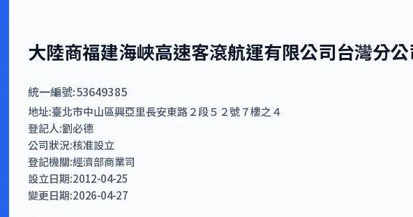 大陸商福建海峽高速客滾航運有限公司台灣分公司的照片-統編 53649385(臺北市) 公司登記資料與營業項目詳細圖表