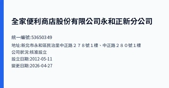 全家便利商店股份有限公司永和正新分公司的照片-統編 53650349(新北市) 公司登記資料與營業項目詳細圖表