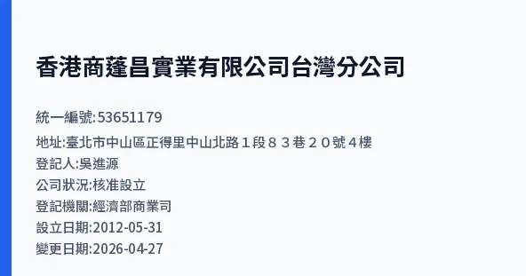 香港商蓬昌實業有限公司台灣分公司的照片-統編 53651179(臺北市) 公司登記資料與營業項目詳細圖表