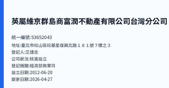 英屬維京群島商富潤不動產有限公司台灣分公司的照片-統編 53652043(臺北市) 公司登記資料與營業項目詳細圖表