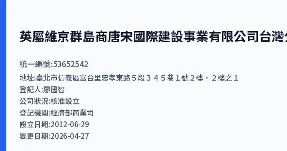 英屬維京群島商唐宋國際建設事業有限公司台灣分公司的照片-統編 53652542(臺北市) 公司登記資料與營業項目詳細圖表