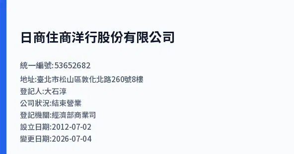 日商住商洋行股份有限公司的照片-統編 53652682(臺北市) 公司登記資料與營業項目詳細圖表