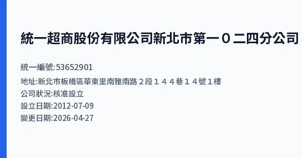 統一超商股份有限公司新北市第一0二四分公司的照片-統編 53652901(新北市) 公司登記資料與營業項目詳細圖表