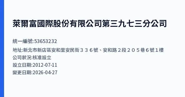 萊爾富國際股份有限公司第三九七三分公司的照片-統編 53653232(新北市) 公司登記資料與營業項目詳細圖表