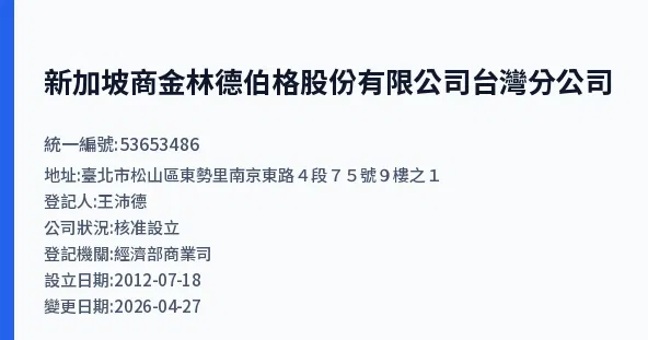 新加坡商金林德伯格股份有限公司台灣分公司的照片-統編 53653486(臺北市) 公司登記資料與營業項目詳細圖表