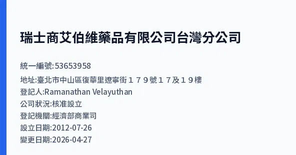 瑞士商艾伯維藥品有限公司台灣分公司的照片-統編 53653958(臺北市) 公司登記資料與營業項目詳細圖表