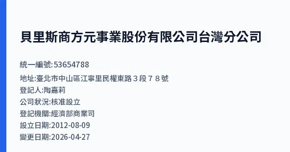 貝里斯商方元事業股份有限公司台灣分公司的照片-統編 53654788(臺北市) 公司登記資料與營業項目詳細圖表