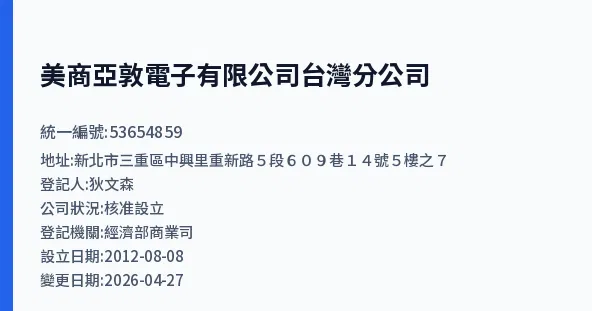 美商亞敦電子有限公司台灣分公司的照片-統編 53654859(新北市) 公司登記資料與營業項目詳細圖表