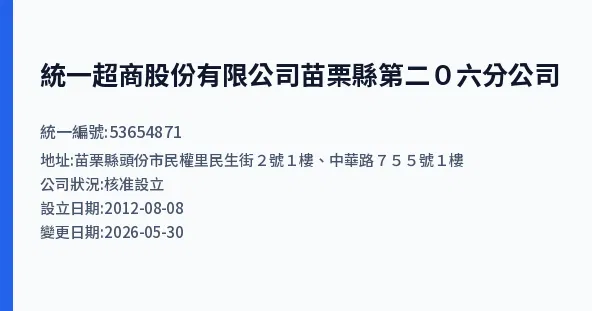 統一超商股份有限公司苗栗縣第二0六分公司的照片-統編 53654871(苗栗縣) 公司登記資料與營業項目詳細圖表
