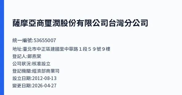 薩摩亞商璽潤股份有限公司台灣分公司的照片-統編 53655007(臺北市) 公司登記資料與營業項目詳細圖表