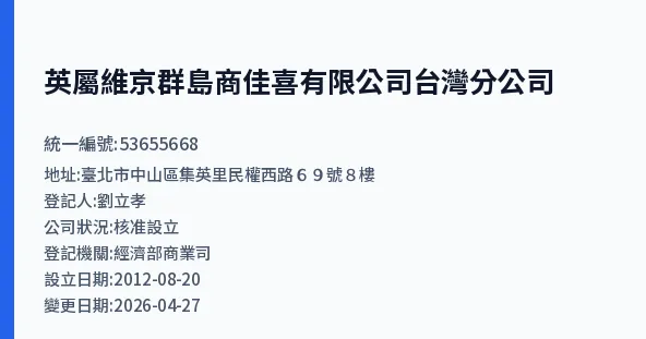 英屬維京群島商佳喜有限公司台灣分公司的照片-統編 53655668(臺北市) 公司登記資料與營業項目詳細圖表